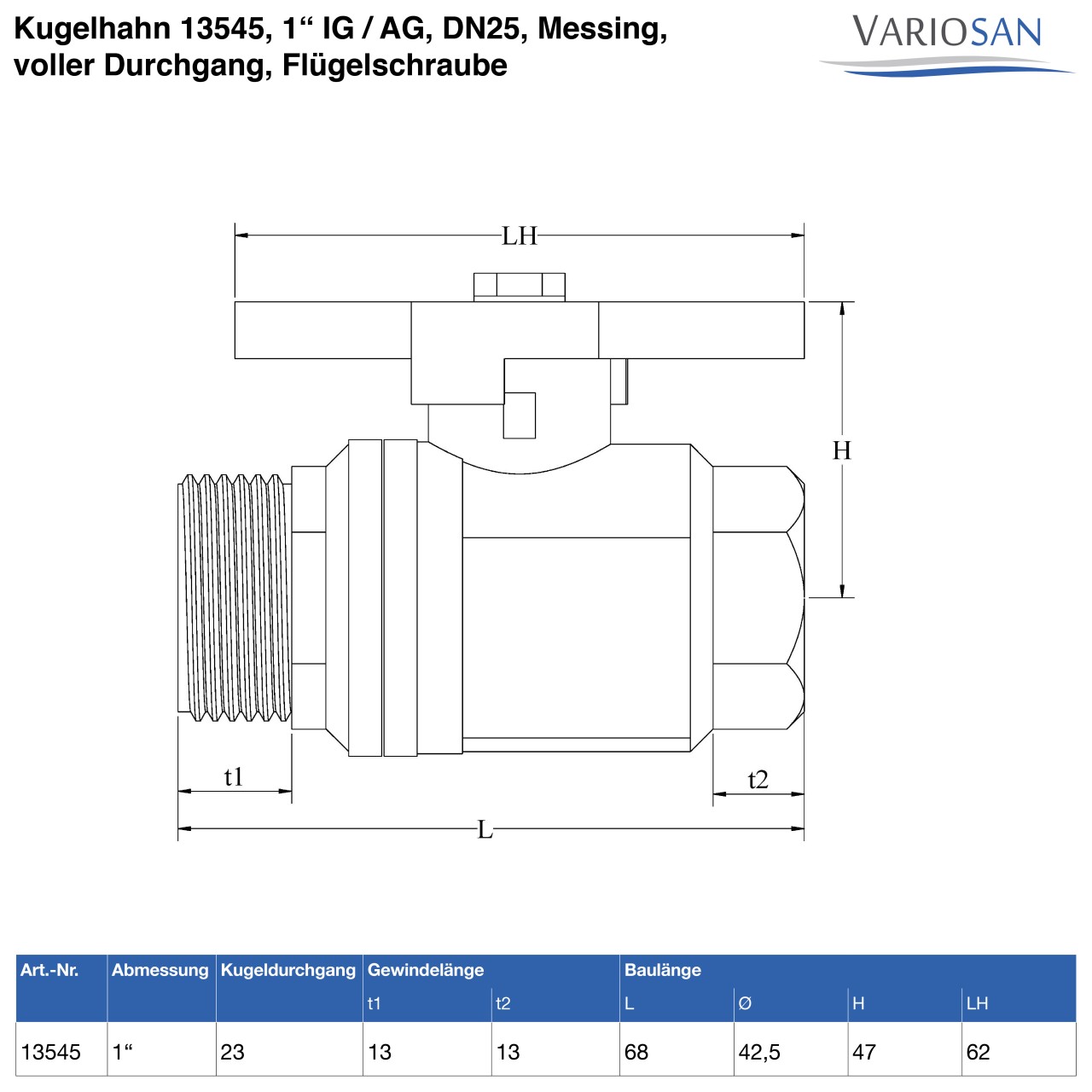 VARIOSAN Kugelhahn 13545, 1" IG / AG, DN25, Messing, voller Durchgang, Flügelschraube | 13545